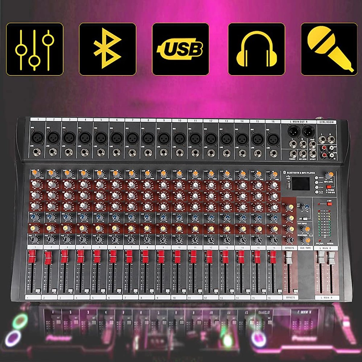 KinHall 16 Channel Professional Bluetooth Live Studio Audio Mixer Power Mixing Console, Professional Audio Mixer Soundboard Console Desktop, Connect Wired/Wireless/Condenser Microphone