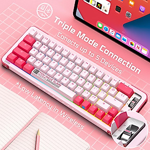 ROYALAXE Y68 TKL Wireless Mechanical Keyboard, Hot Swappable Wired/Bluetooth 5.0/2.4G Wireless Keyboard with RGB Light for Windows & Mac, PBT Keycap, Gateron G Yellow Pro Switch, Candy Pink