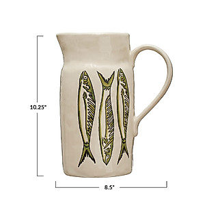 Creative Co-Op Coastal Stoneware Pitcher with Painted Fish, Multicolor