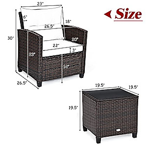 HAPPYGRILL 3 Pieces Patio Conversation Set Outdoor Rattan Wicker Bistro Sofa Set Patio Furniture Set with Washable Chair Cushions and Tempered Glass Top Coffee Table, White