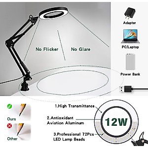 Nerefou Magnifying Glass with Light and Stand, 10X Magnifying Lamp, 2-in-1 Magnifying Desk Lamp with Clamp, 3 Color Mode, Magnifying Glasses with Light for Close Work (1st Generation Base ＆ Clamp)