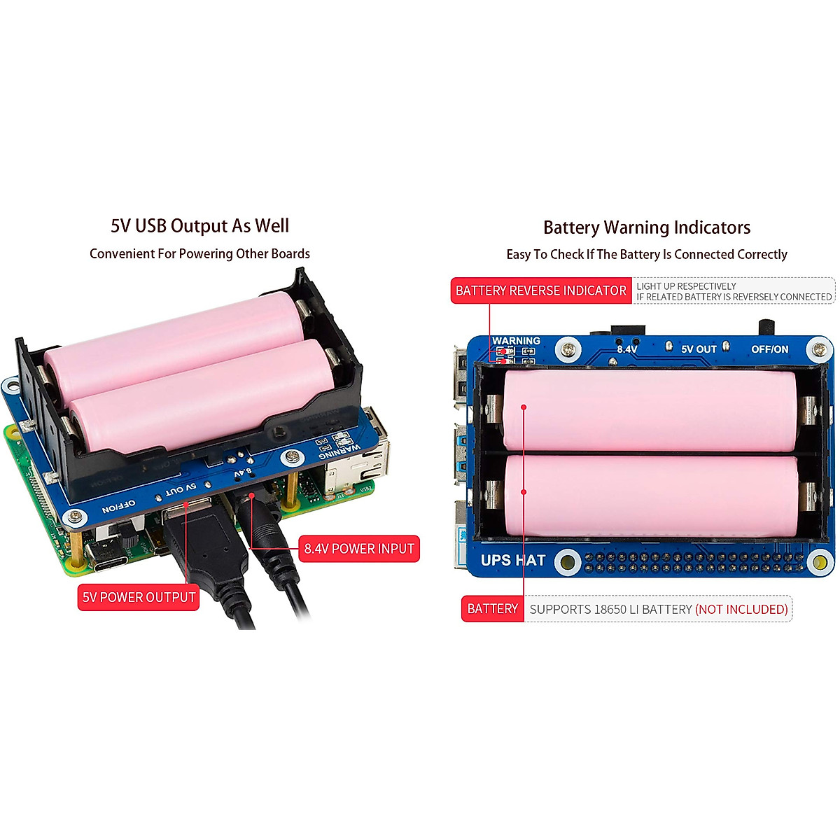 Uninterruptible Power Supply UPS HAT for Raspberry Pi Series Boards(Raspberry Pi 4 Model B/3B+/3B) Charge and Power Output at The Same Time,Multi Battery Protection Circuits