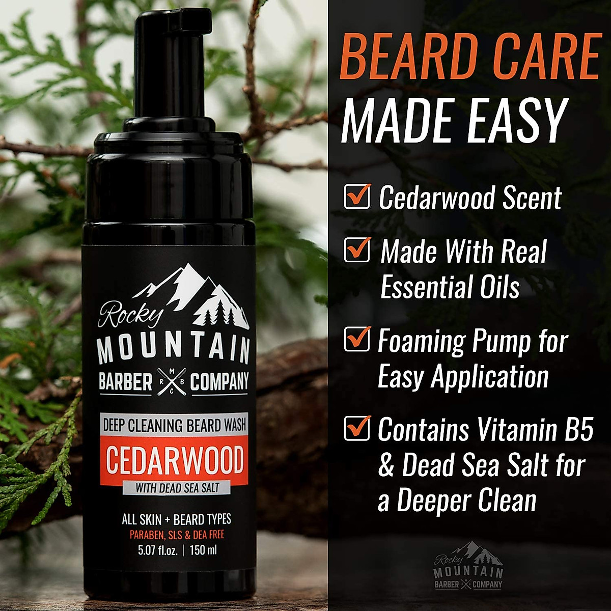 Foaming Cedarwood Beard Wash - With Cedarwood Essential Oil, Vitamin B5 & Dead Sea Salt – 5 oz by Rocky Mountain Barber Company