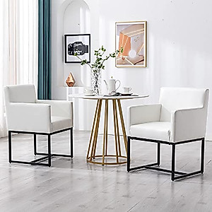 VESCASA Faux Leather Upholstered Dining Chairs with Arms, Mid Century Modern Padded Kitchen Chair with Black Metal Frame for Restaurant, Dining Room, Set of 6, White