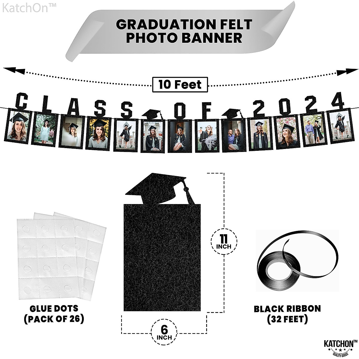 KatchOn, Black Graduation Photo Banner 2024 - Large, 10 Feet | Felt Class of 2024 Banner for 2024 Graduation Party Decorations | Graduation Picture Banner for Graduation Decorations Class of 2024