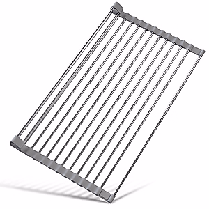 cycleacc 13"- 24" Roll Up Dish Drying Rack, Expandable Over The Sink Dish Drainer Drying Rack, Large Folding Collapsible Stainless Steel Roll Up Dish Drying Rack, Kitchen Foldable Over Sink Organizer