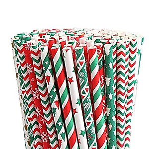 250 Pieces Christmas Paper Straws, 10 Patterns Disposable Mixed Stripe Holiday Paper Straws for Christmas Party Favors