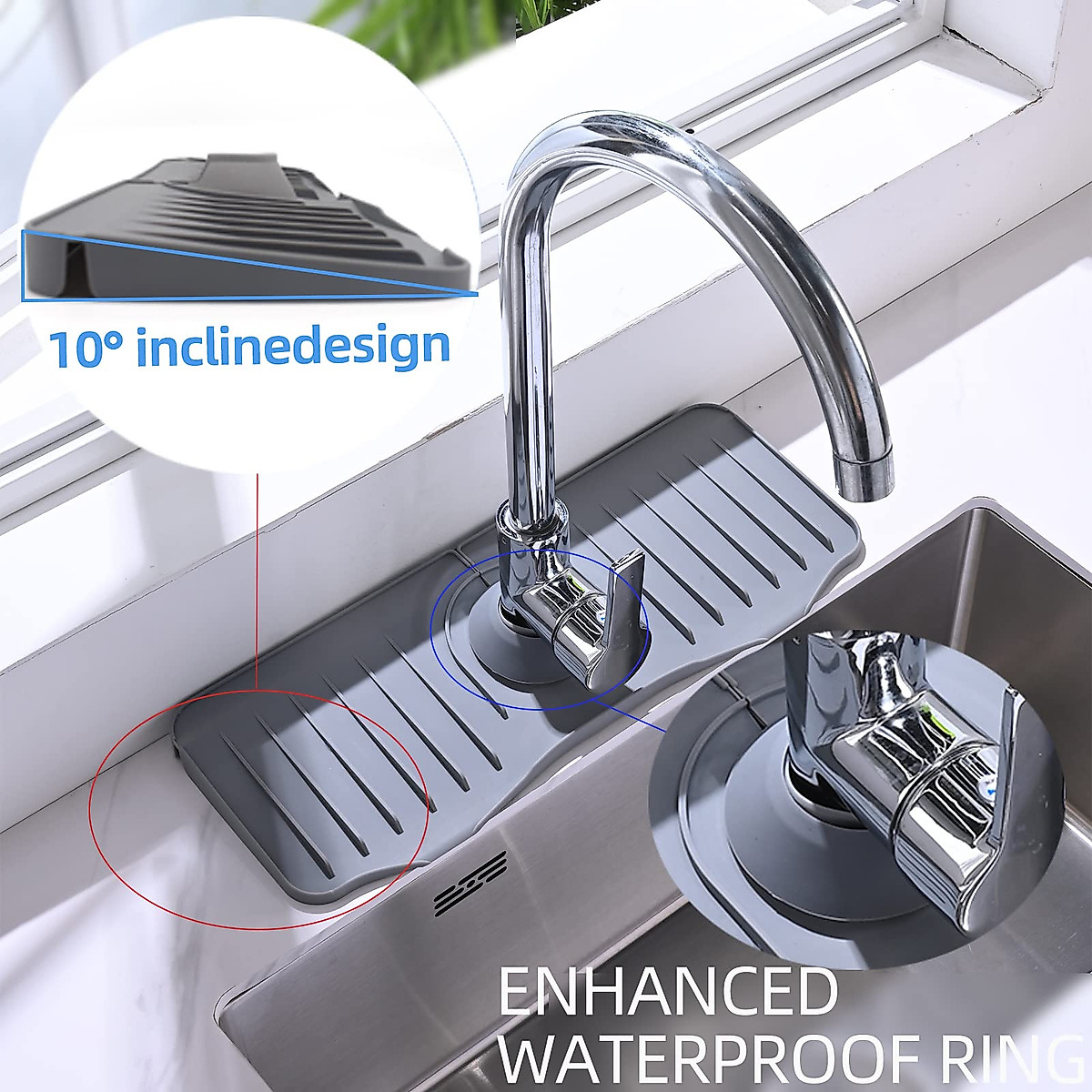 bepinkind Silicone Faucet Splash Guard-[Upgrade Steeper Slope],Silicone Faucet Water Catcher Mat, Silicone Sink Mat for Kitchen/Bathroom,Silicone Faucet Mat Sink Water Splash Guard. (Tilt-White)