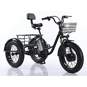 CNAOHGHN 500W Motor Electric Tricycle Comes , 48V Single Speed Removable Battery Fat Tire Trike Seniors Cycling 3 Wheels E-Bike with Carry Cargo Front&Rear Big Basket