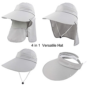 Women Summer Sun Protection Hat Wide Brim UV Hats Removable Neck Face Flap Cap with Ponytail Hole for Fishing Climbing Gardening Gray