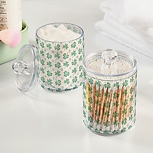 Kigai 2 Pack Apothecary Jars Saint Patrick's Day Clover Qtip Holder Organizer Clear Airtight Container for Cotton Swabs Food Storage 14oz Plastic Jars with Lids