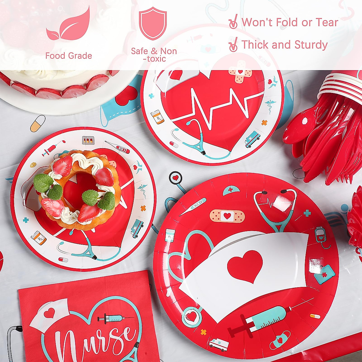 Zubebe 173 Pcs Nurse Graduation Party Supplies Serve 24 Congrats Nurse Banner Dinner Dessert Plates Cups Napkins Tablecloth Nurse Birthday Party Tableware Set for Nursing School RN Graduation Party