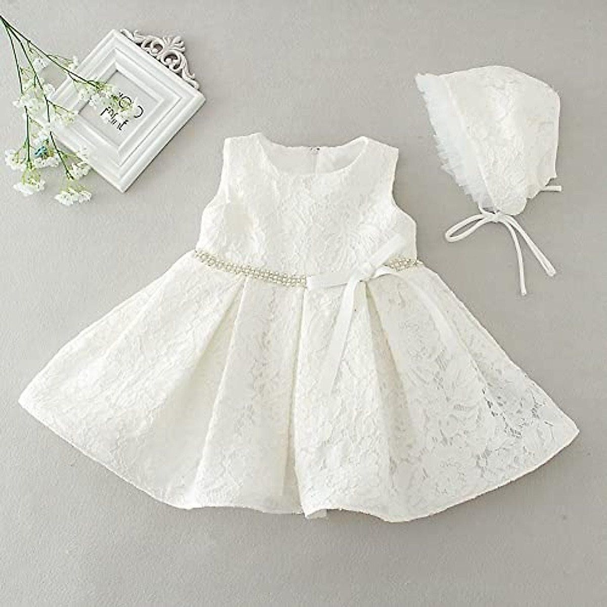 Meiqiduo Baby Girls 3Pcs Set Christening Baptism Wedding Formal Dress (3M/0-6months, Ivory White)
