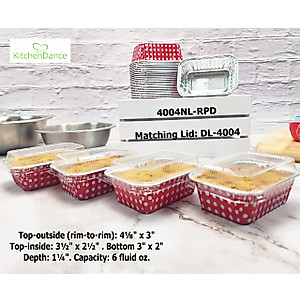 KitchenDance Disposable Aluminum Mini Loaf Pans with LIds - 6 Ounces Rectangular Individual Sized Loaf Pans, Oven Safe Aluminum Foil Baking Pans perfect for Cakes, Cobblers- #4004 (Red Polka Dot, 50)