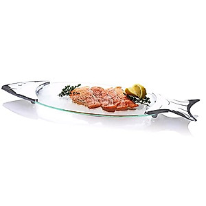 Rigeli Regent Chromeplated Salmon Glass Serving Tray Serving Platter Fish/Sushi Platter Food Trays, Fish Plate Glass+ Stainless Steel