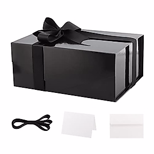 PACKQUEEN Gift Box with Ribbon and Blank Greeting Card, Black Magnetic Gift Box for Present, Groomsman Proposal Box for All Occasions (9x6.5x3.8 Inches)