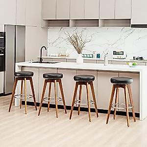Glitzhome Swivel Bar Stools Set of 4, Round Backless Leather Padded Seat and Veneer Walnut Composite Wood Legs Finish Modern Accent Chair for Home Kitchen Island, Balck