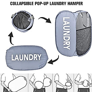 PASHOP Pop-Up Laundry Hampers, Collapsible Strong Mesh Popup Laundry Hamper with Durable Handles Folding Pop-up Clothes Laundry Basket (2pcs/Black+Grey)
