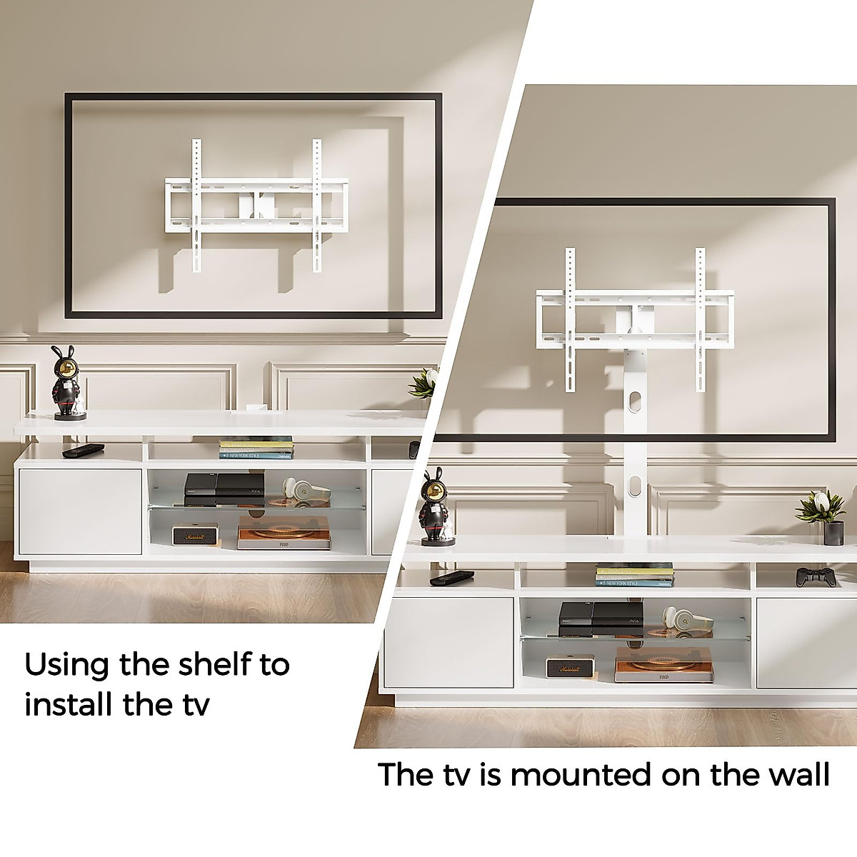 Rolanstar TV Stand with Mount and Power Outlet 51.2", Swivel TV Stand Mount for 32/45/55/60/65/70 inch TVs, Height Adjustable Modern Entertainment Center with Storage & LED Lights, TV Table White