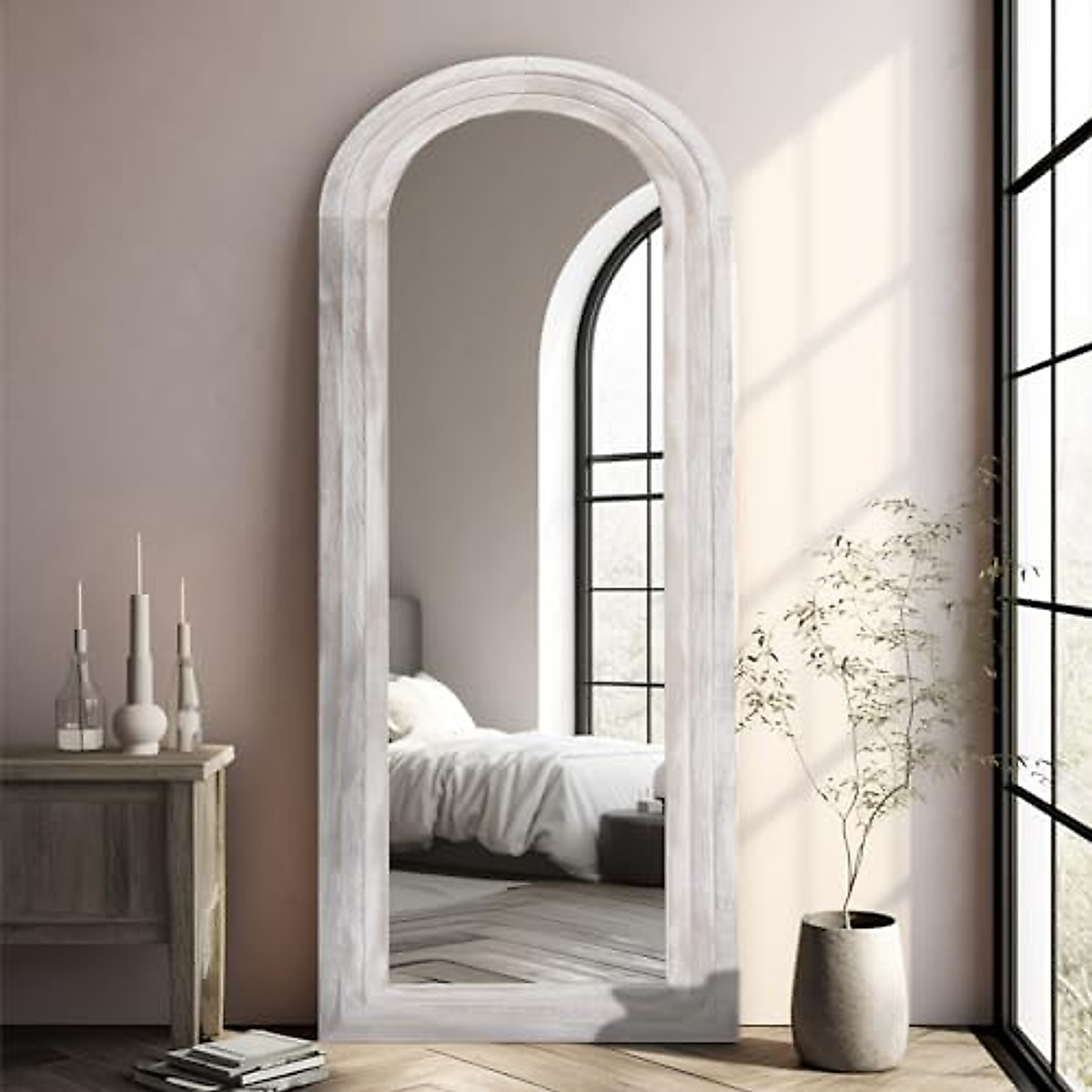 ZHUNFA Arched Full Length Mirror with Solid Wood Frame, 65x22 Farmhouse Wall Mirror Full Length with Stand, Rustic White