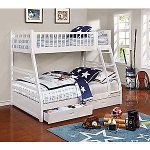 Coaster Home Furnishings Ashton Transitional Wood Twin Over Full Size Bunk Bed Frame with Ladder and Guardrails with Two Storage Drawers Fully Slatted Mattress Ready Foundation White 460180