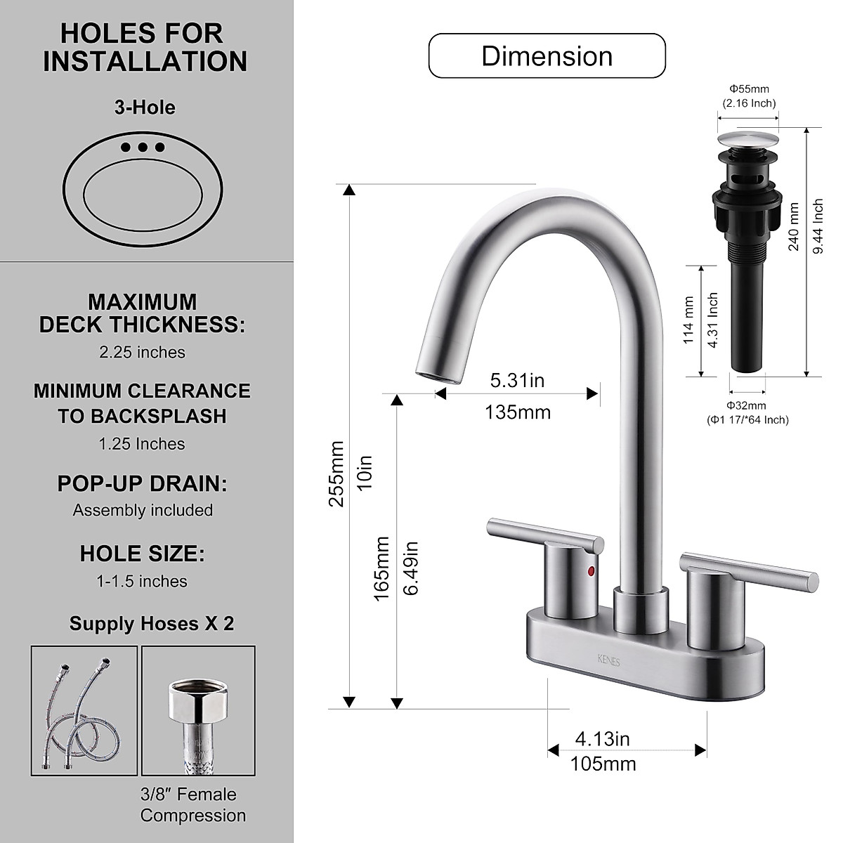 KENES 4 Inch 2 Handle Centerset Bathroom Faucet, Brushed Nickel Lead-Free Modern Commercial Bathroom Sink Faucet, with Pop Up Drain and Two Water Supply Lines, KE-9019