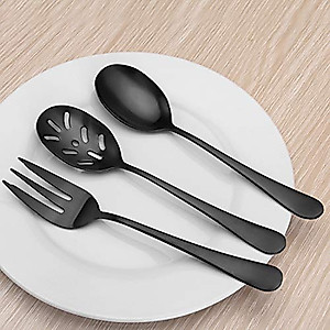 Matte Black Serving Set，SHARECOOK 5-Piece 18/0 Stainless Steel Large Hostess Set with Round Edge, Satin Finished, Dishwasher Safe -Spoons, Forks,Butter Knife& Slotted Spoon