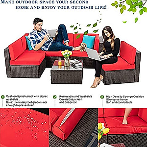 Vongrasig 6 Piece Small Patio Furniture Sets, Outdoor Sectional Sofa All Weather PE Wicker Patio Sofa Couch Garden Backyard Conversation Set with Glass Table,Red Cushions and Blue Pillows (Red)
