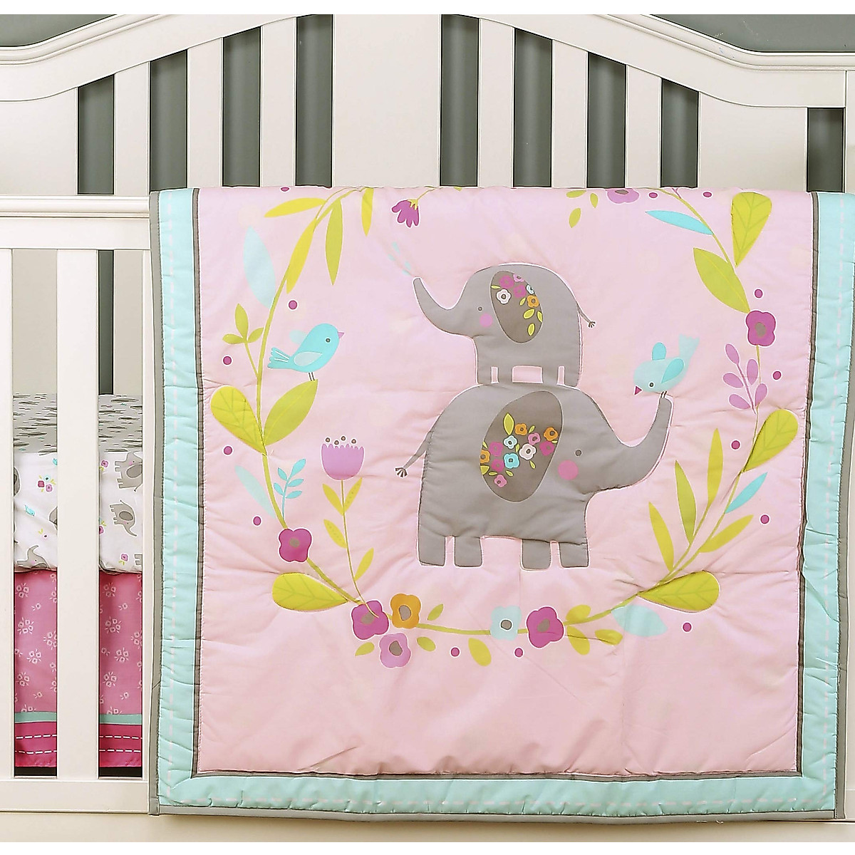 Brandream Baby Girl Crib Bedding Set Pink Elephant Safari Animal Nursery Bedding with Elephant Floral 3D Design, 3 Piece Comforter Set, Fitted Sheet,Crib Skirt