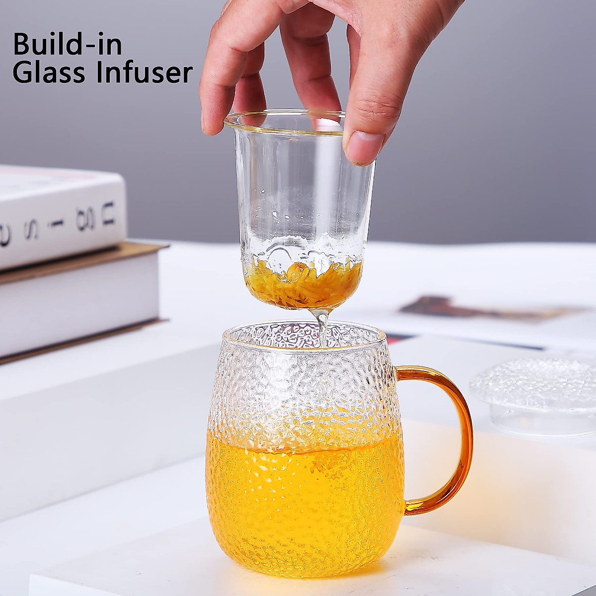 Tea Cup With Infuser and Lid, 19 OZ (560 ml), Amber Color Handle, Food Grade Borosilicate Glass Material, Resistant to Cold and Hot Shock, Hammered Texture Design, Loose Leaf Tea Cup