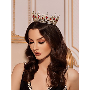 SWEETV Royal Queen Crown, Wedding Tiara for Bride, Rhinestone Tiaras and Crowns for Women, Costume Headpiece for Birthday Cosplay Party Celebration,Red, Bailey