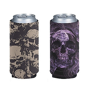 Snilety Cool Skull Print Beer Can Sleeve 2pc Set Halloween Decorative Neoprene Insulated Stubby Holder for Slim Cans Fits 12 oz 2pcs Set