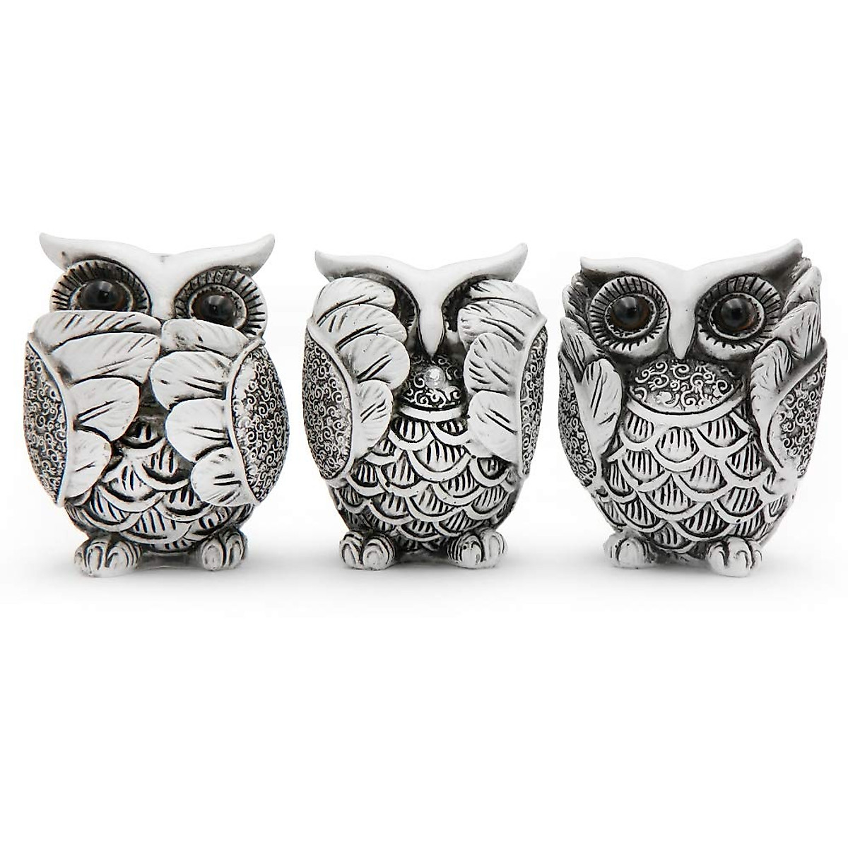 Owl Statue Home Décor Owls Figurine Family Set of 3 Cute Owl Lovers Black & White Gifts for Mom, Zen Mood Gifts, See Hear Speak No Evil, Nice Home Office Decoration, Positive Vibes
