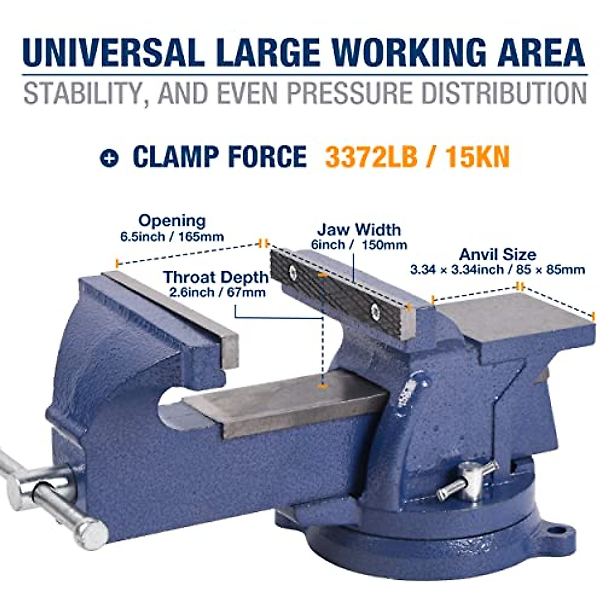LFGUD 6" Bench Vise, 6" Jaw Width 6.5" Jaw Opening 360° Swivel Base Clamp Table Vise Heavy Duty Bench Vise for Woodworking, Cutting Conduit, Drilling, Metalworking, Home Workshop Use and DIY Jobs