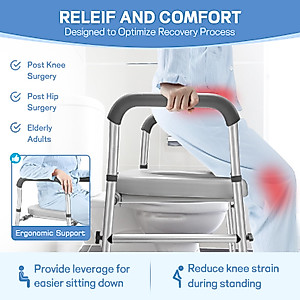 Raised Toilet Seat with Handles, Heavy Duty 500lb Toilet Seat Risers for Seniors, Extra Support Bars for Soft Padded Seat, Adjustable Width & Height Toilet Seat Riser for Disabled-Gray