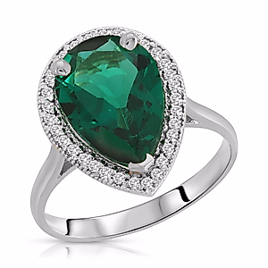 Galaxy Gold GG 3.16 Carat Total Weight 14K Solid White Gold Emerald with Natural Diamonds Halo Ring Brilliant Pear Tear Drop Shape Cut and Round Diamonds (6.5)