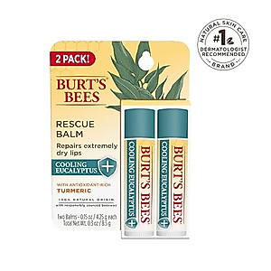Burt's Bees 100% Natural Origin Rescue Lip Balm With Beeswax and Antioxidant-Rich Turmeric Promotes Healing Of Extremely Dry Lips, Cooling Eucalyptus, 2 Tubes in Blister Box(Pack May Vary)