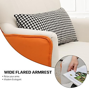 MoNiBloom Accent Armchair Single Sofa Chair with Lumbar Pillow, White/Orange Contrasting Colors Upholstered Bedroom Reading Chair, Mid Century Modern Leatheraire Armchair for Living Room Bedroom