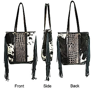 Bonanza leathers cowhide leather large tote bag women's handbag with fringes and zipper closure H20 (Black)