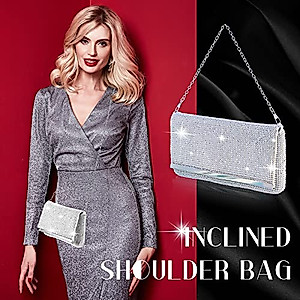 Tessco Women's Evening Bag Glitter Clutch Silver Clutch Purses for Women Evening Wedding Party Prom Purse Rhinestone Crystal Silver Clutch Bag with Detachable Chain