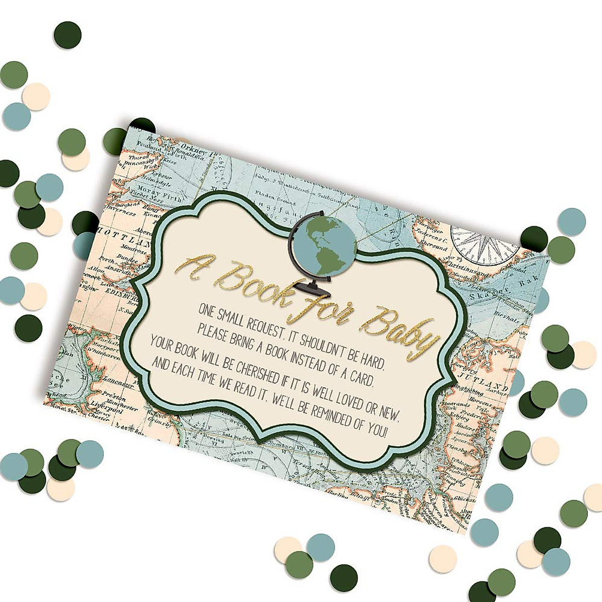 Adventure Awaits World Traveler Gender Neutral “Bring A Book” Cards for Baby Showers, 20 2.5 by 4 Inch Double Sided Insert Cards by AmandaCreation, Invite Guests to Bring A Book for the Baby