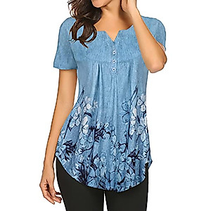 Halife Womens Tops Hide Belly Tunic Short Sleeve Summer Blouses Casual Floral Henley Shirt Blue M