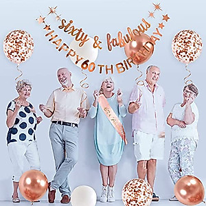 Rose Gold Sixty & Fabulous Happy 60th Birthday Banner Garland Foil Balloon 60 for Womens 60th Birthday Decorations Hanging 60 and Fabulous Cheers to 60 Years Old Birthday Party Supplies Backdrop