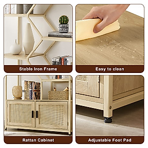 Rattan Bookshelf with 1 Natural Rattan Storage Cabinet and 7 Open Display Shelves, 7 Tier Bookshelf w/Adjustable Shleves & Foot Pad for Living Room, Bedroom, Office, Metal Shelves, Natural