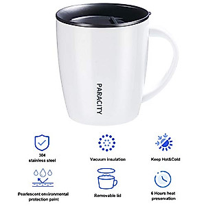 PARACITY Stainless Steel Coffee Mug Insulated Coffee Mug with Lid and Handle Double Wall Vacuum Travel mug Tumbler Cup Great for Hot and Cold Beverages 12 oz White
