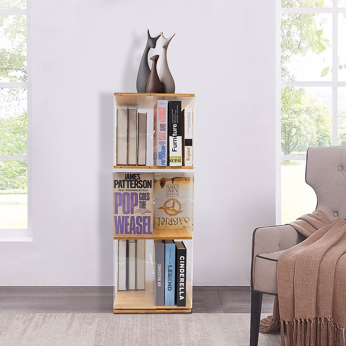 HAPPCUCOE 3 Tier Acrylic Rotating Bookshelf,360 Revolving Bookcase Floor Standing Acrylic Bookcase, Swivel Bookcase for Study Rooms, Offices, Classrooms