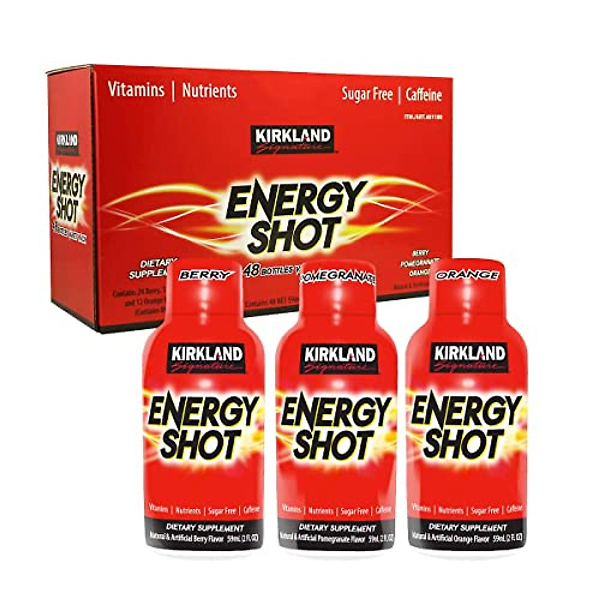 Kirkland Signature Energy Shot (48 Count), "24 Berry, 12 Pomegranate, & 12 Orange, 2 Fl Oz each, 48 Count (Pack of 1)