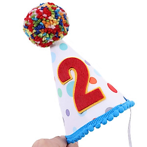 WAHAWU Baby Costume Headwear, 2nd Birthday Party Hat - Primary Colors, Handmade Baby Hat, Baby Girls/Boys Birthday Confetti Cone Hat, Colored Fur Balls Hat