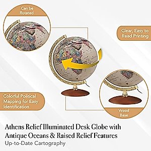 Waypoint Geographic Athens Relief Globe, 12" Illuminated Antique Ocean-Style World Globe with Raised Relief, Up-to-Date Reference Globe, Decorative Globe for Home and Office Decor