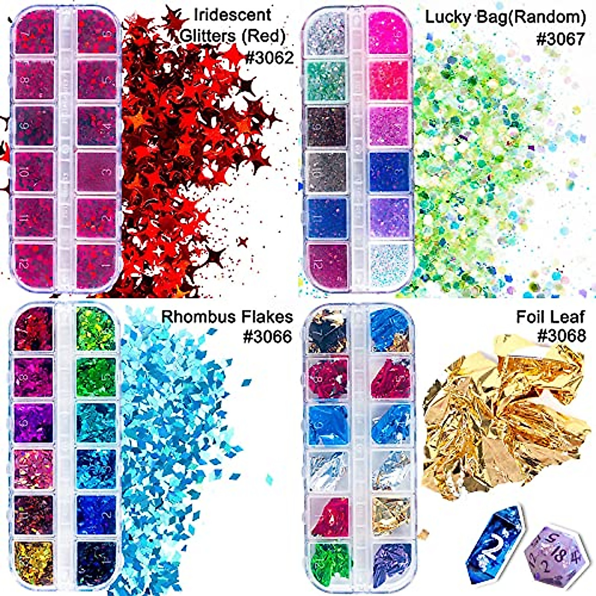 Iridescent Glitters, Holographic Sequins, Laser Flakes, Foil Chips, Beads, Mirror Chrome Pigment Powders, Resin Jewelry Making Kit Art Craft Supplies Pack of 22-Box 264 Designs
